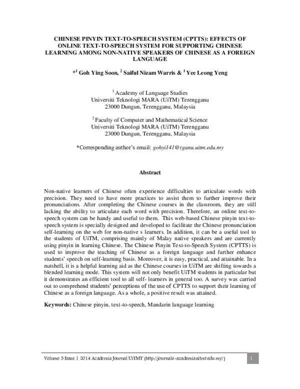 (PDF) Chinese Pinyin Text-to-Speech System (CPTTS): Effects of Online ...