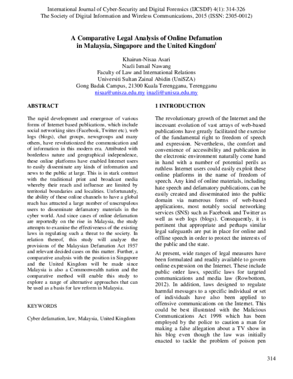 (PDF) A Comparative Legal Analysis of Online Defamation in Malaysia ...