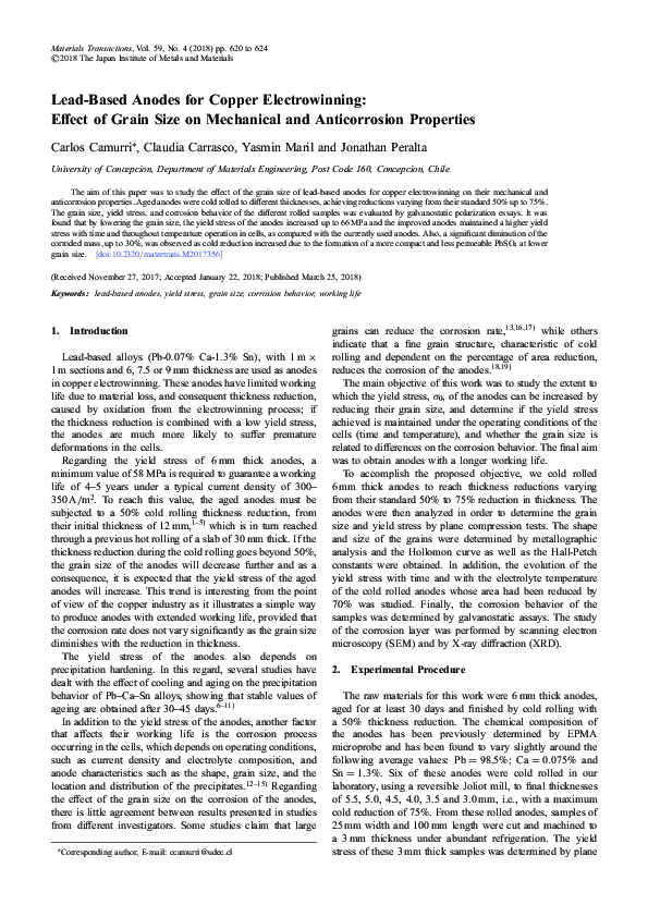 (PDF) Lead-Based Anodes for Copper Electrowinning: Effect of Grain Size ...