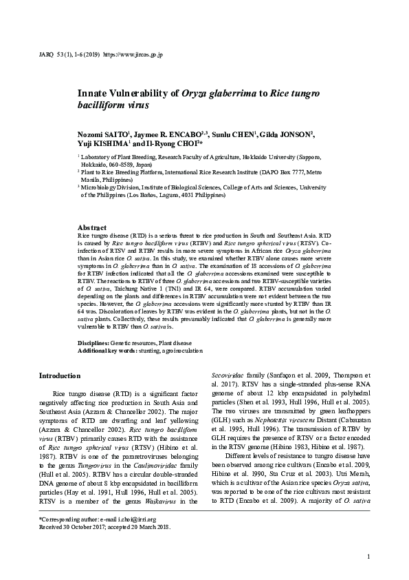 (PDF) Innate Vulnerability of Oryza glaberrima to Rice tungro bacilliform virus