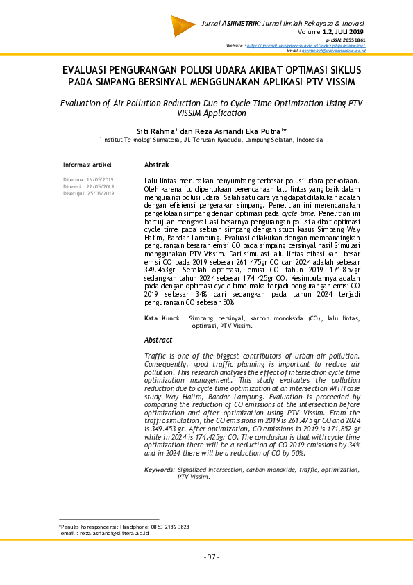 (PDF) Evaluasi Pengurangan Polusi Udara Akibat Optimasi Siklus Pada Simpang Bersinyal ...