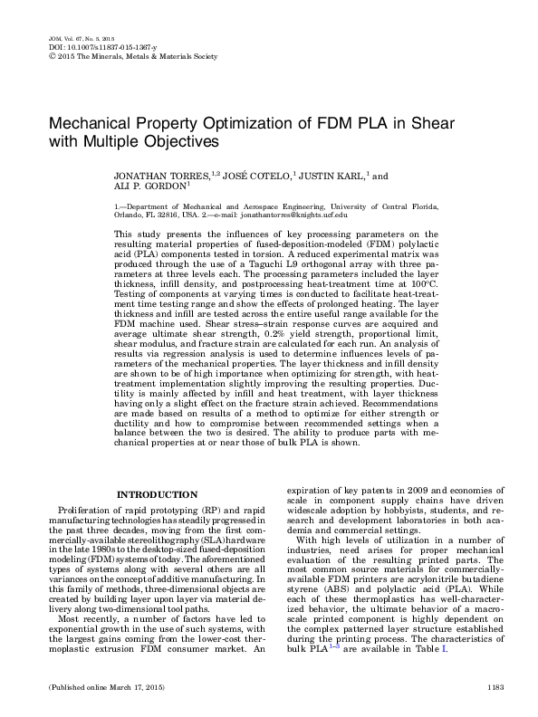 (PDF) Mechanical Property Optimization of FDM PLA in Shear with Multiple Objectives