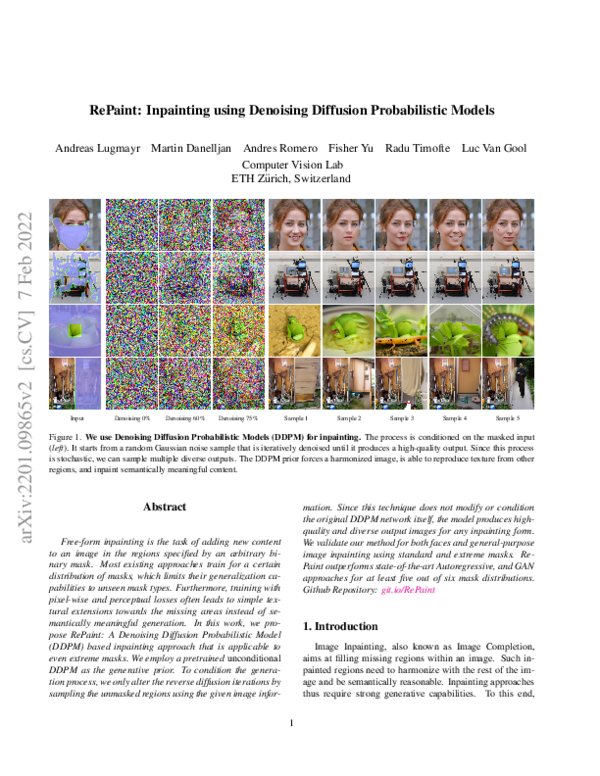 (PDF) RePaint: Inpainting using Denoising Diffusion Probabilistic Models