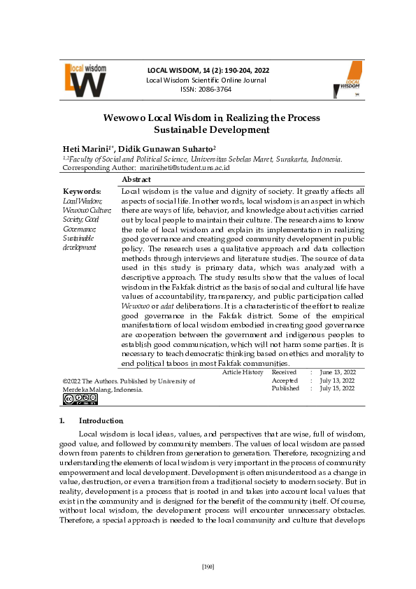 (PDF) Wewowo Local Wisdom in Realizing the Process Sustainable Development