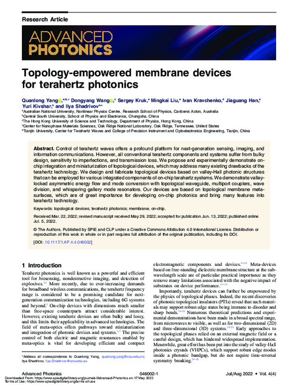 (PDF) Topology-empowered membrane devices for terahertz photonics