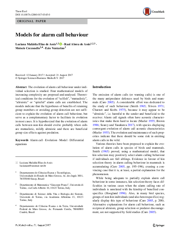 (PDF) Models for alarm call behaviour