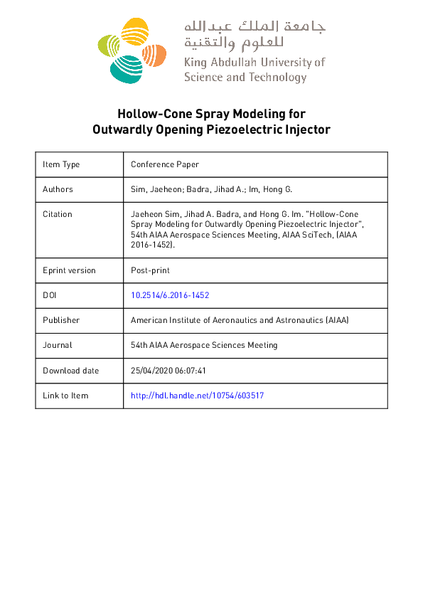 (PDF) Hollow-Cone Spray Modeling for Outwardly Opening Piezoelectric ...