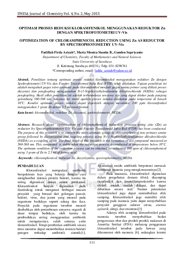 (PDF) OPTIMASI PROSES REDUKSI KLORAMFENIKOL MENGGUNAKAN REDUKTOR Zn ...