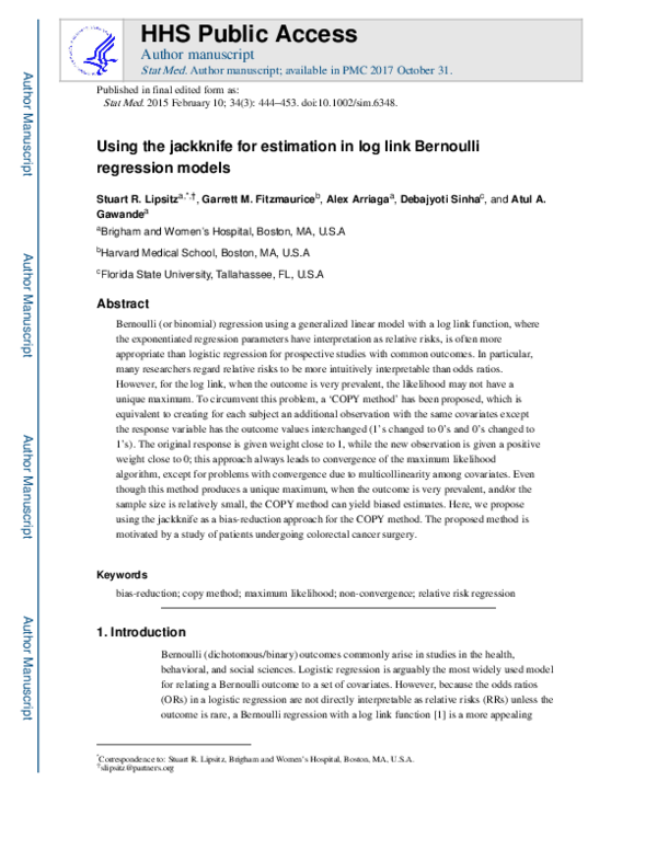 (PDF) Using the jackknife for estimation in log link Bernoulli regression models