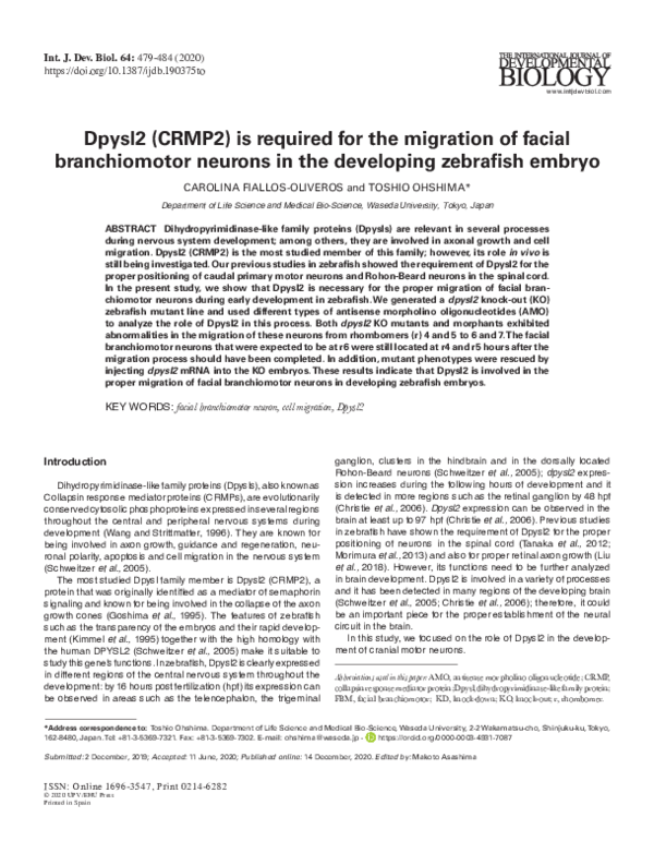 (PDF) Dpysl2 (CRMP2) is required for the migration of facial ...