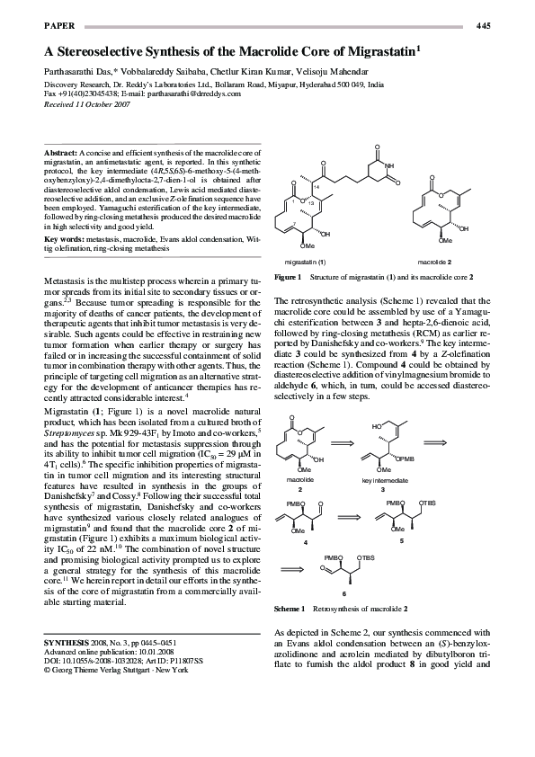 (PDF) A Stereoselective Synthesis of the Macrolide Core of Migrastatin