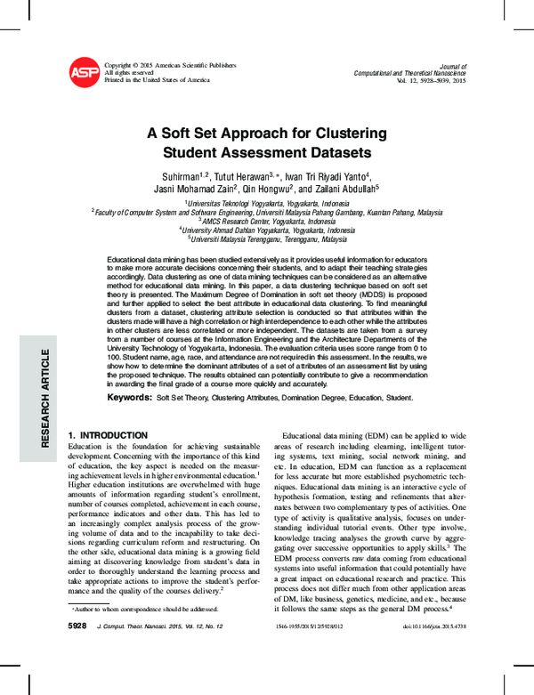 (PDF) A Soft Set Approach for Clustering Student Assessment Datasets