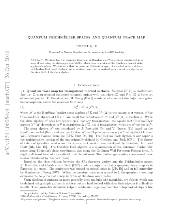 (PDF) Quantum Teichmüller Spaces and Quantum Trace Map | Quân Lê - Academia.edu