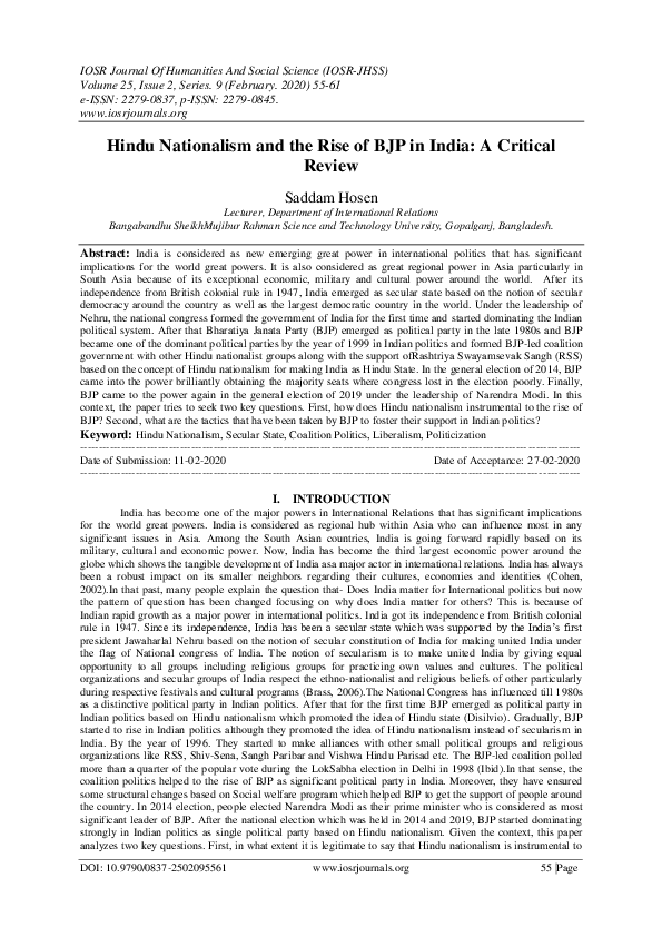 (PDF) Hindu Nationalism and the Rise of BJP in India: A Critical Review