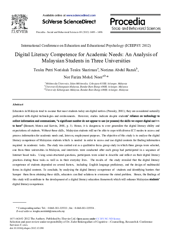 (PDF) Digital Literacy Competence for Academic Needs: An Analysis of Malaysian Students in Three ...