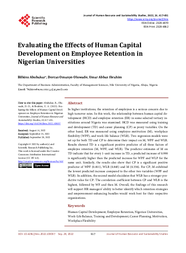 (PDF) Evaluating the Effects of Human Capital Development on Employee Retention in Nigerian ...