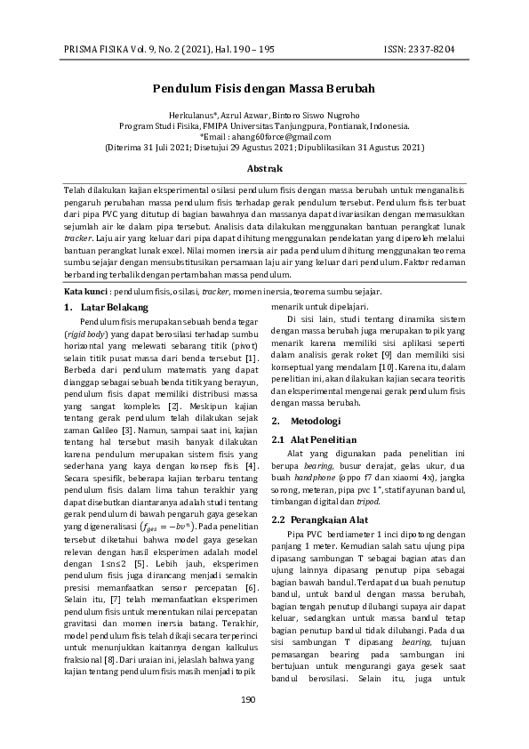 (PDF) Pendulum Fisis dengan Massa Berubah