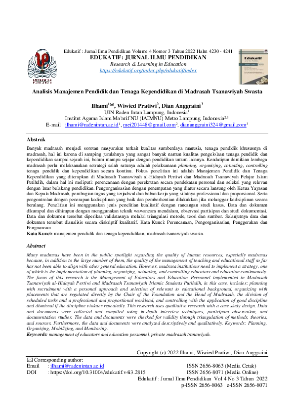 (PDF) Analisis Manajemen Pendidik dan Tenaga Kependidikan di Madrasah Tsanawiyah Swasta