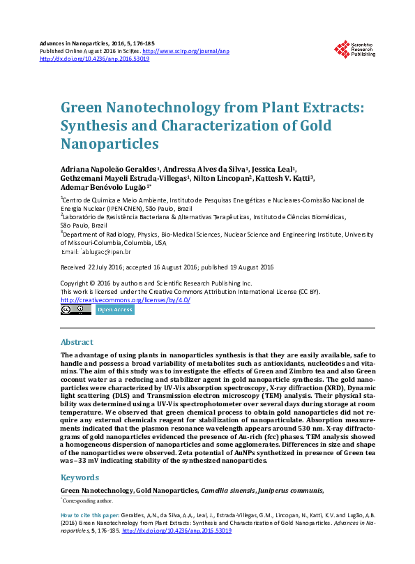 (PDF) Green Nanotechnology from Plant Extracts: Synthesis and Characterization of Gold Nanoparticles