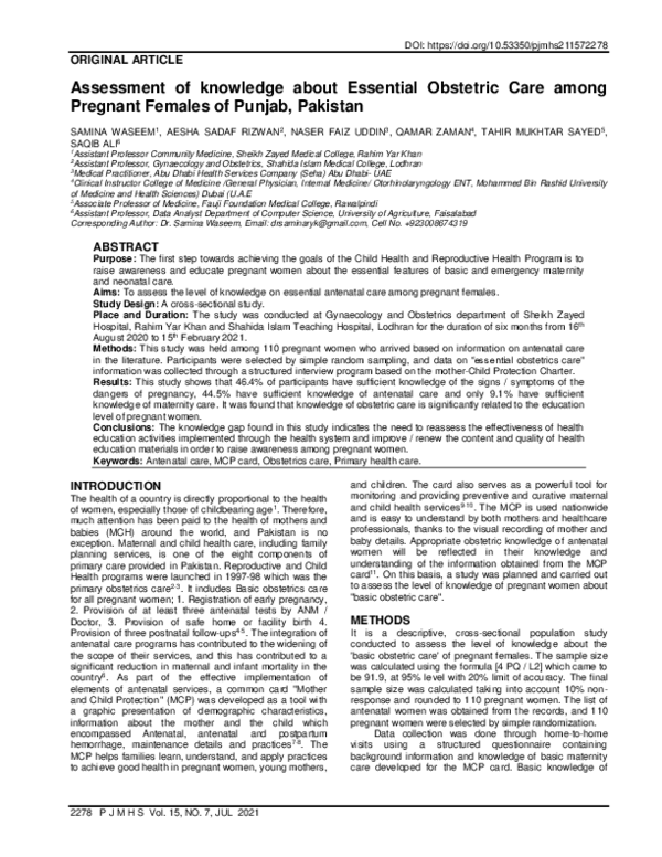 (PDF) Assessment of knowledge about Essential Obstetric Care among ...