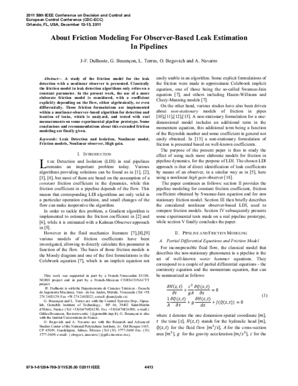 (PDF) About friction modeling for observer-based leak estimation in pipelines