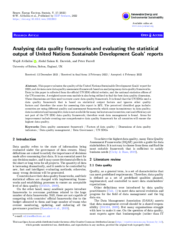 (PDF) Analysing data quality frameworks and evaluating the statistical output of United Nations ...