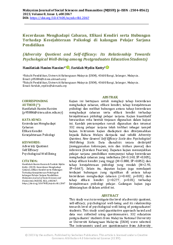 (PDF) Kecerdasan Menghadapi Cabaran, Efikasi Kendiri serta Hubungan ...