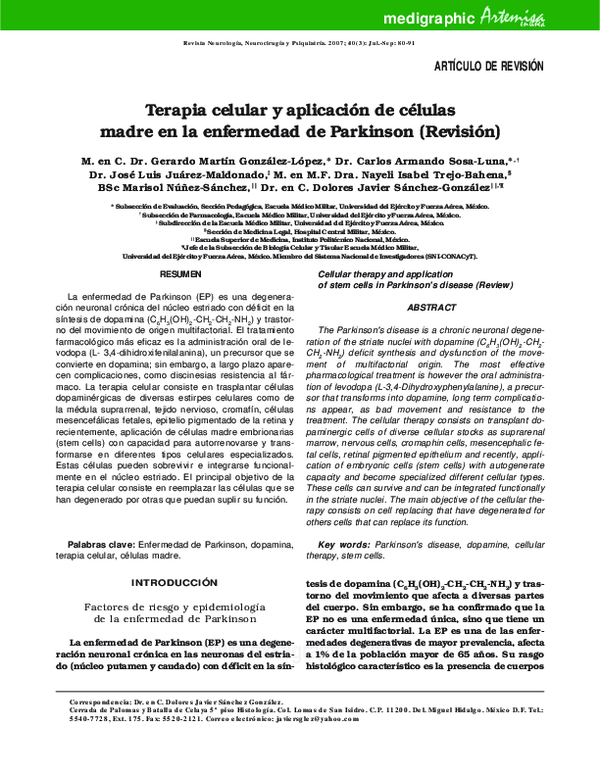 (PDF) Terapia celular y aplicaci'on de c'elulas madre en la enfermedad de Parkinson (Revisi'on)
