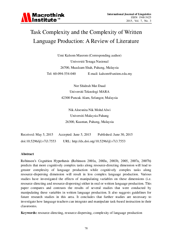 Pdf Task Complexity And The Complexity Of Written Language Production