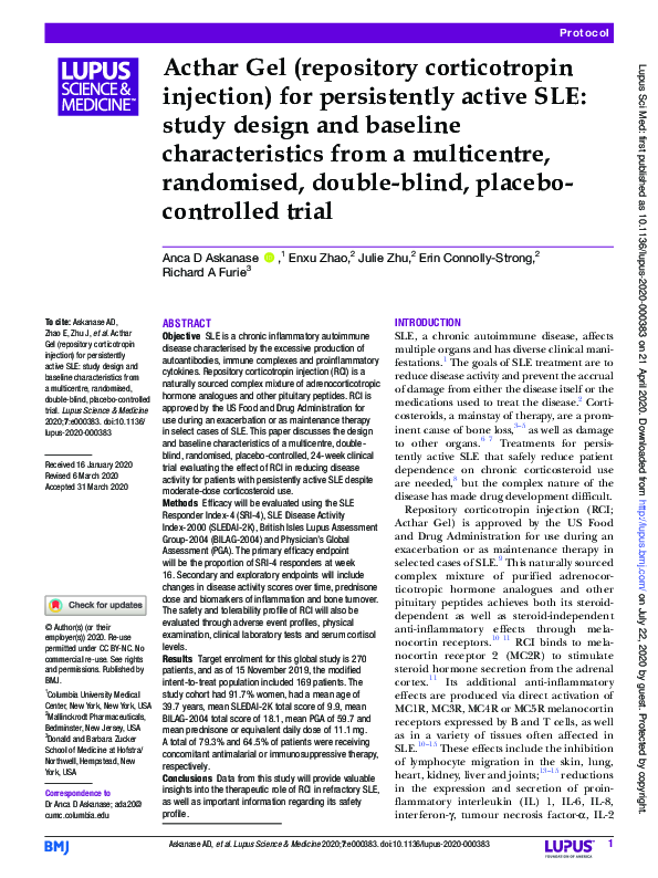 (PDF) Acthar Gel (repository corticotropin injection) for persistently active SLE: study design ...