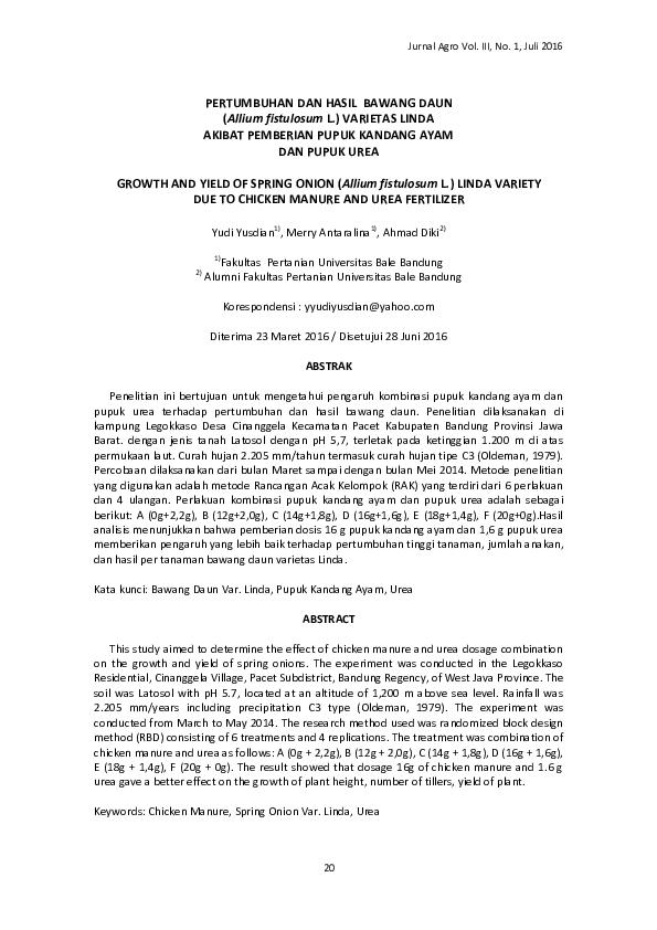 (PDF) Pertumbuhan dan Hasil Bawang Daun (Allium fistulosum L.) Varietas Linda Akibat Pemberian ...