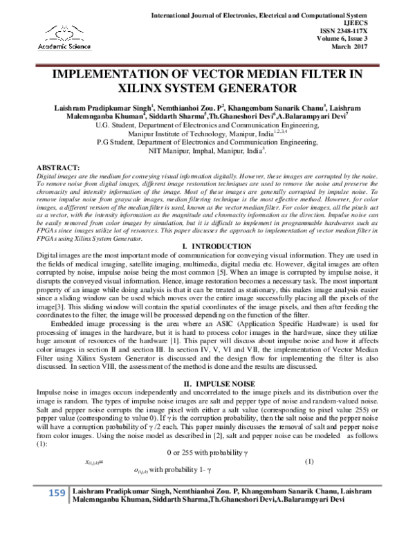 Pdf Implementation Of Vector Median Filter In Xilinx System Generator Siddarth Shankar