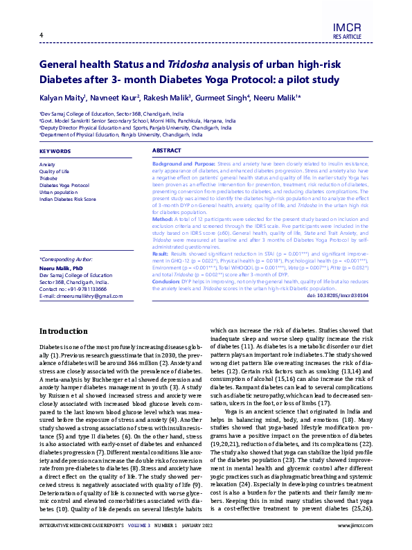 General health Status and Tridosha analysis of urban high-risk Diabetes ...
