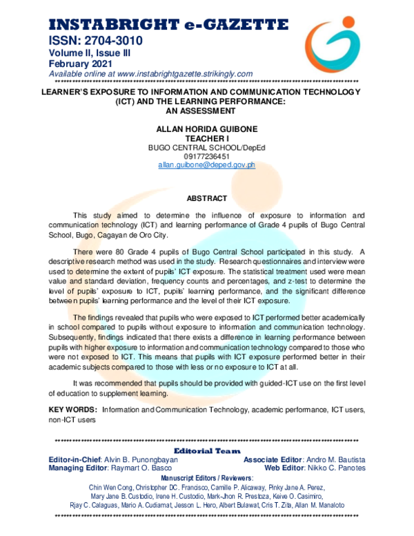 (PDF) LEARNER’S EXPOSURE TO INFORMATION AND COMMUNICATION TECHNOLOGY ...