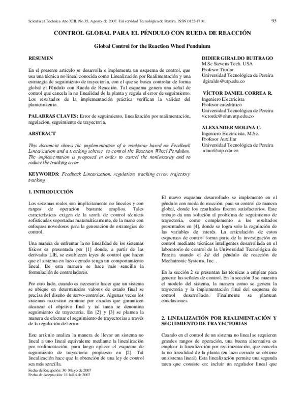 (PDF) CONTROL GLOBAL PARA EL PÉNDULO CON RUEDA DE REACCIÓN Global ...