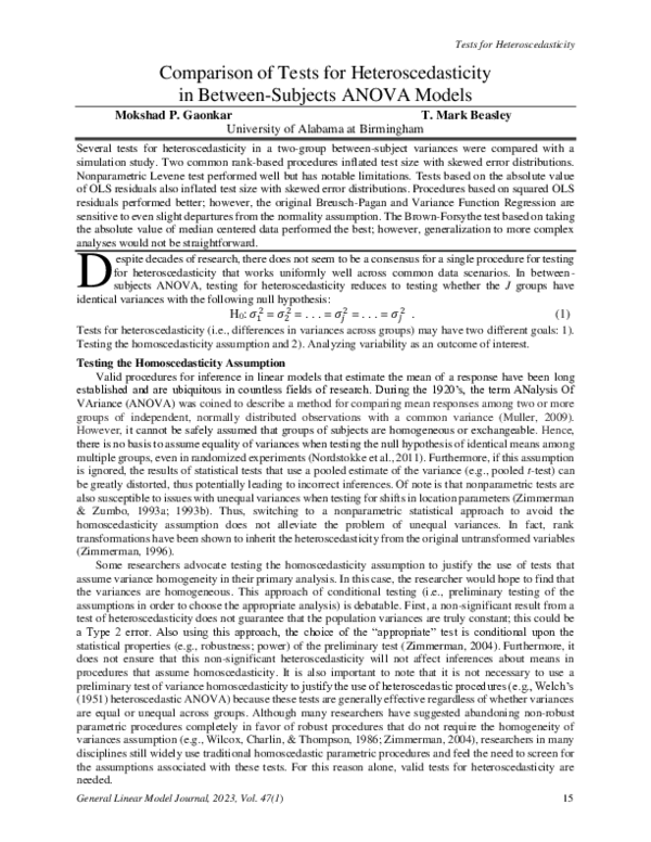 (PDF) Comparison of Tests for Heteroscedasticity in Between-Subject ...
