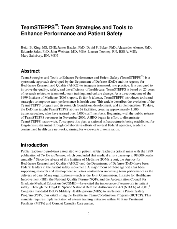(PDF) TeamSTEPPS: team strategies and tools to enhance performance and patient safety