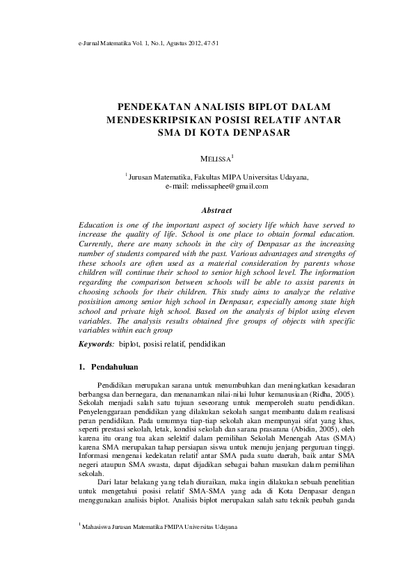 (PDF) Pendekatan Analisis Biplot Dalam Mendeskripsikan Posisi Relatif Antar Sma DI Kota Denpasar