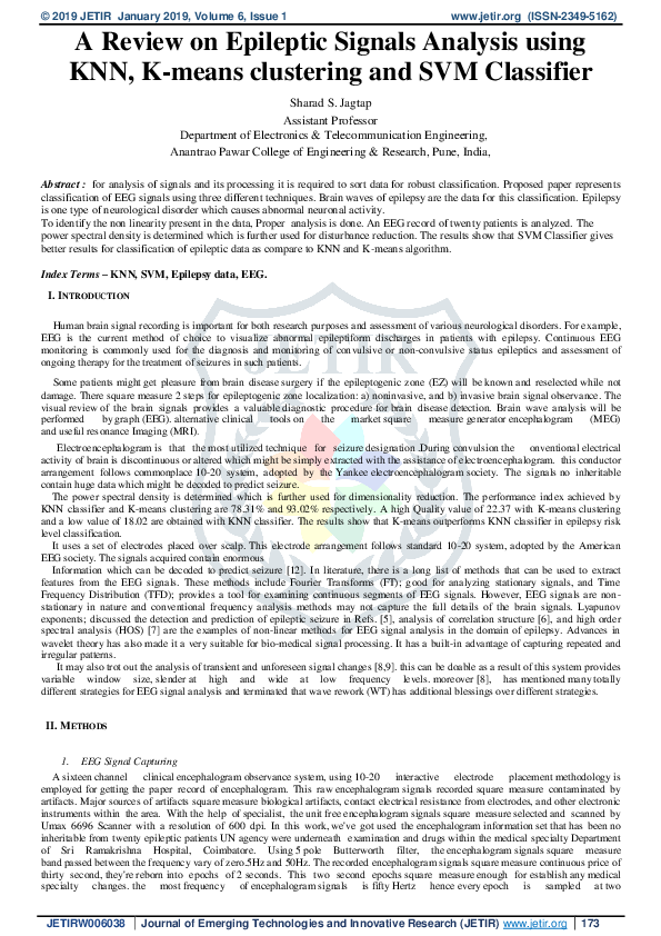 (PDF) A Review on Epileptic Signals Analysis using KNN, K-means clustering and SVM Classifier