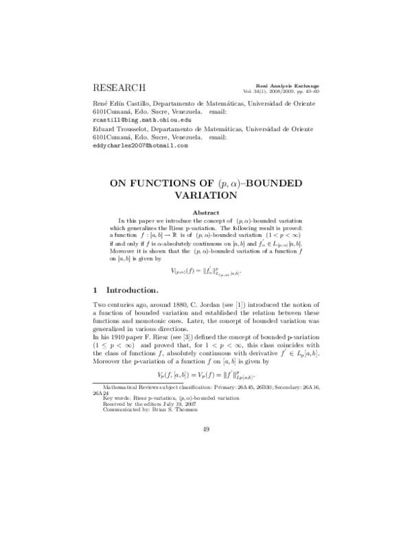 (PDF) On Functions of ( p , α )–Bounded Variation
