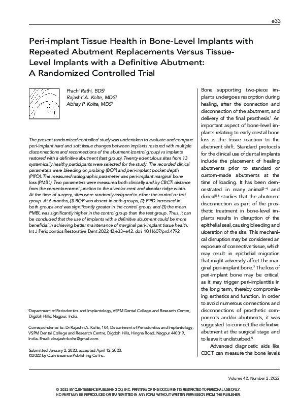 (PDF) Peri-implant Tissue Health in Bone-Level Implants with Repeated ...