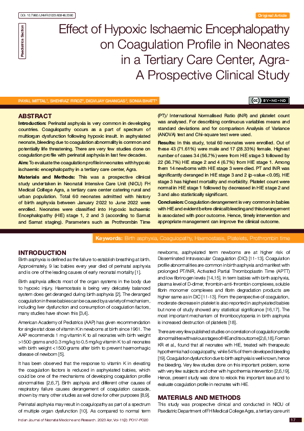 (PDF) Coagulation Profile in Neonates with HIE