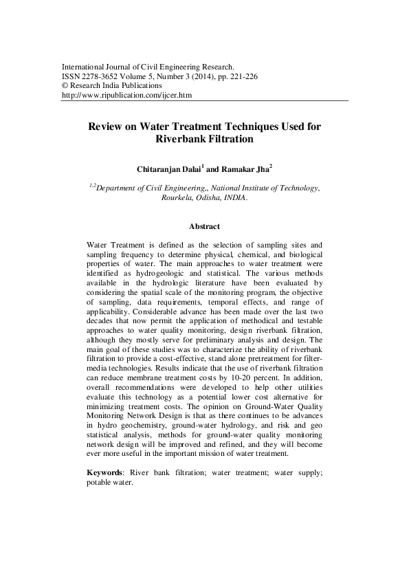 (PDF) Review on Water Treatment Techniques Used for Riverbank Filtration