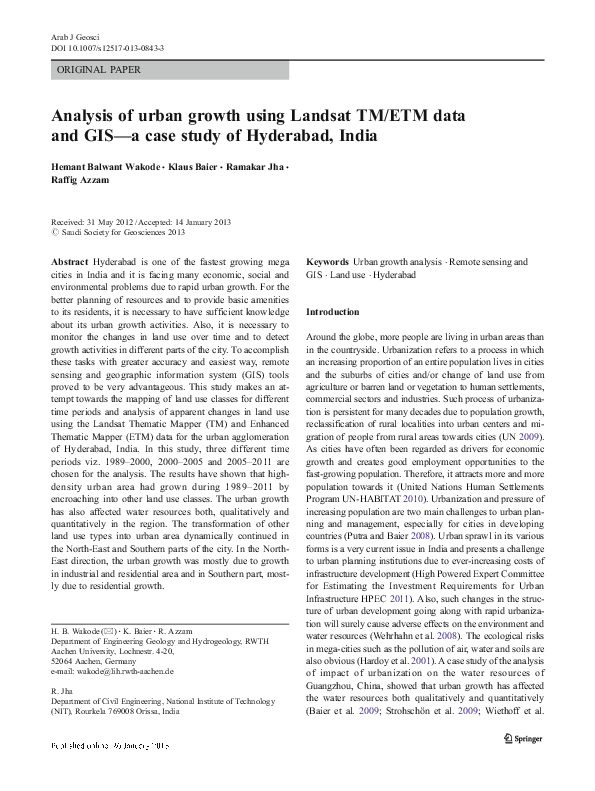 (PDF) Analysis of urban growth using Landsat TM/ETM data and GIS—a case study of Hyderabad, India