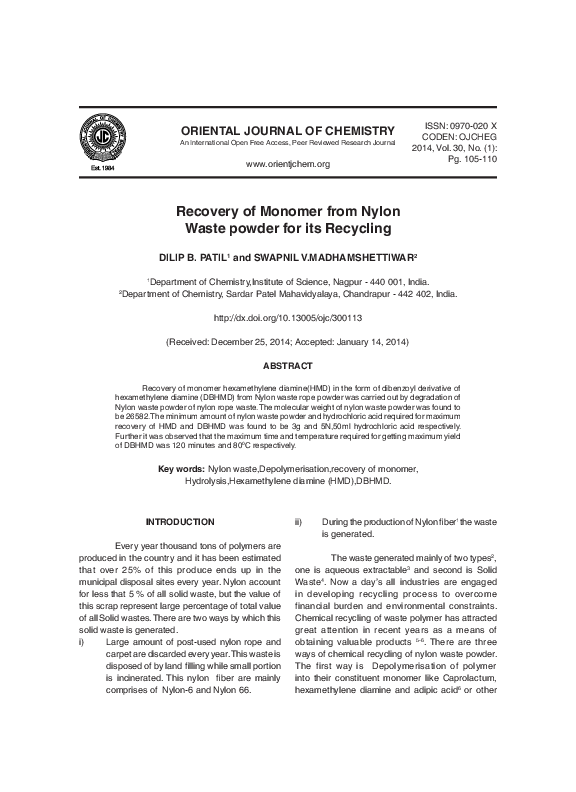 (PDF) Recovery of Monomer from Nylon Waste Powder for its Recycling