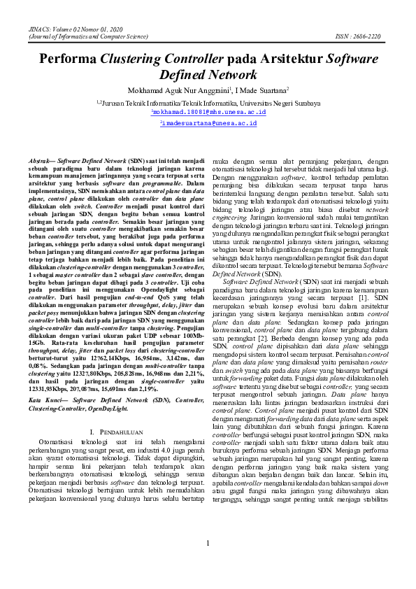 (PDF) Performa Clustering Controller pada Arsitektur Software Defined Network | Mokhamad Aguk ...