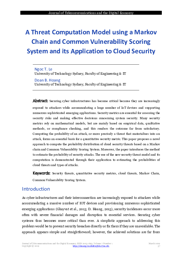 (PDF) A Threat Computation Model using a Markov Chain and Common Vulnerability Scoring System ...