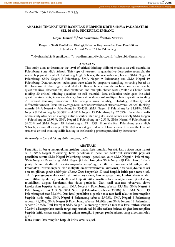(PDF) Analisis Tingkat Keterampilan Berpikir Kritis Siswa Pada Materi Sel DI Sma Negeri Palembang