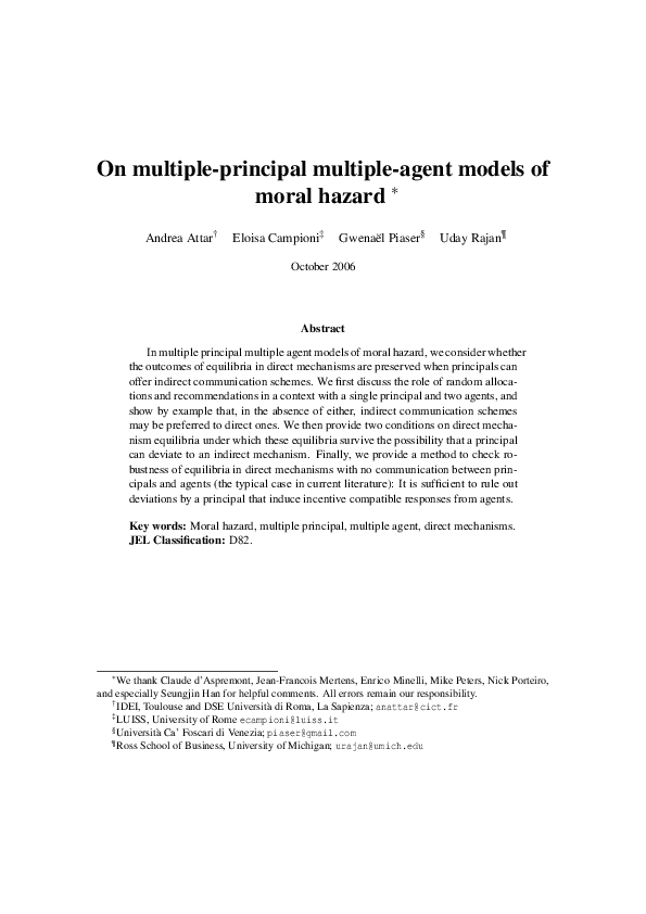 (PDF) On multiple-principal multiple-agent models of moral hazard