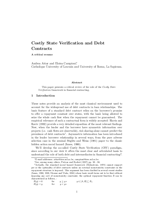 (PDF) Costly state verification and debt contracts: a critical resume